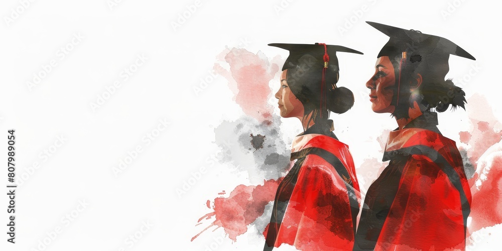 Two women in graduation gowns stand side by side. Concept of ...