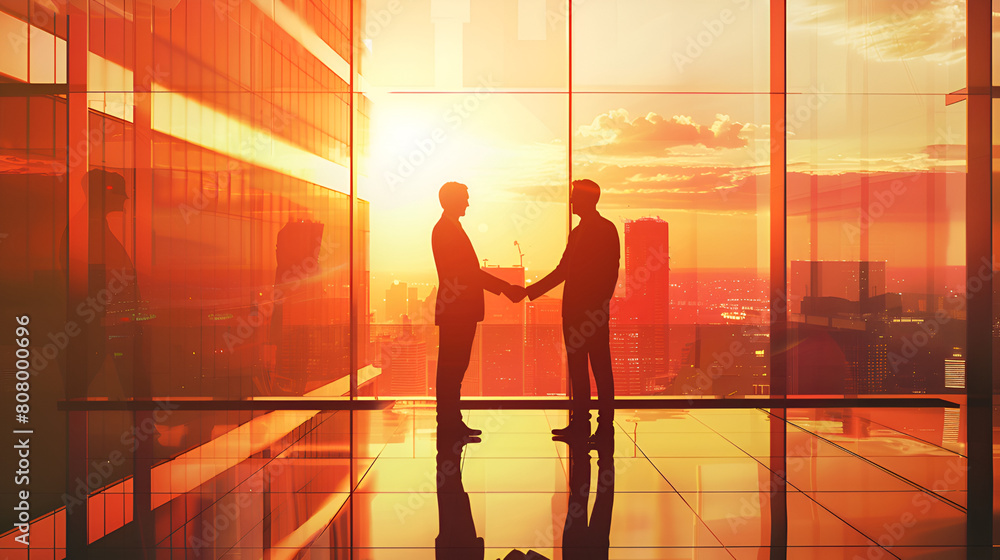 two businessmen handshake in the office on the bright sun background ...