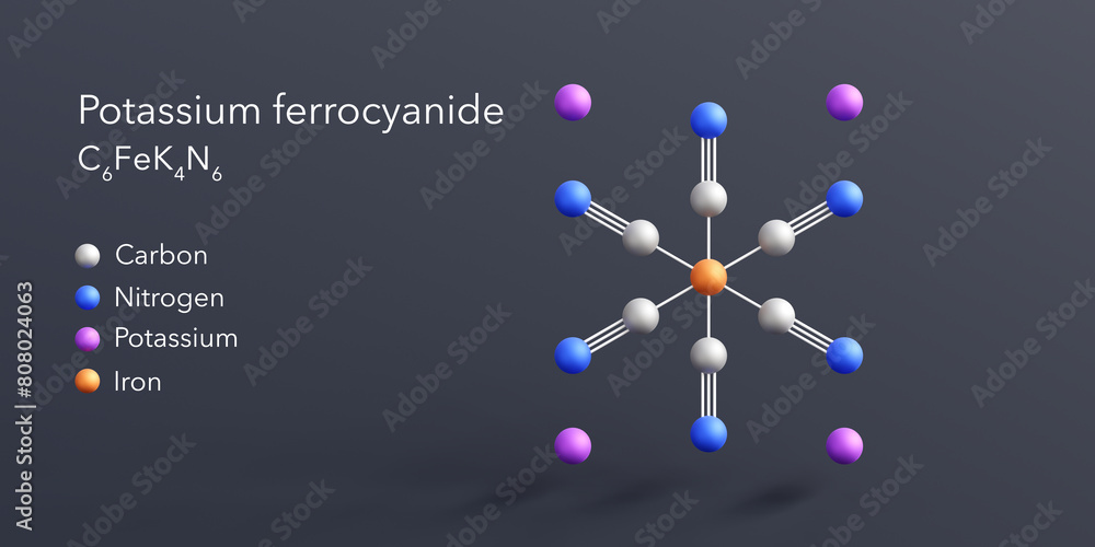 potassium ferrocyanide molecule 3d rendering, flat molecular structure ...