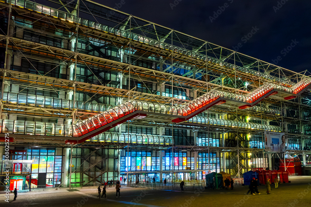 Exterior of Centre Pompidou (or Beaubourg) building at night, inside ...