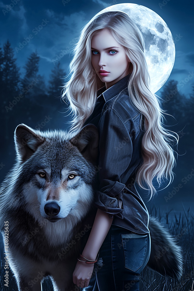 Beautiful girl with blonde hair in a shirt with a wolf, fantasy art ...