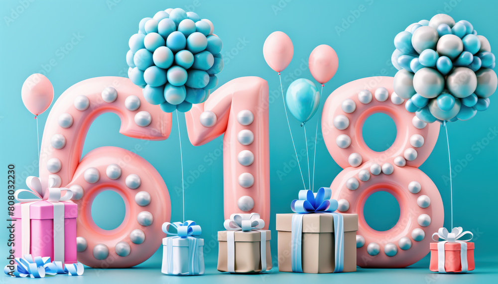 Pastel pink and blue balloons and large 618 numerals surrounded by ...