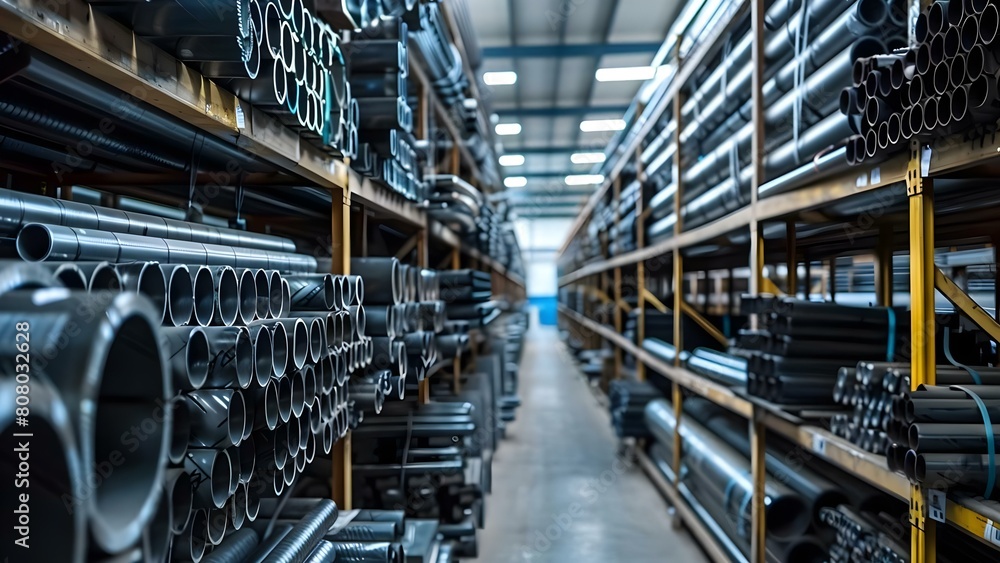 Steel pipes stored on warehouse shelves in an industrial setting for ...