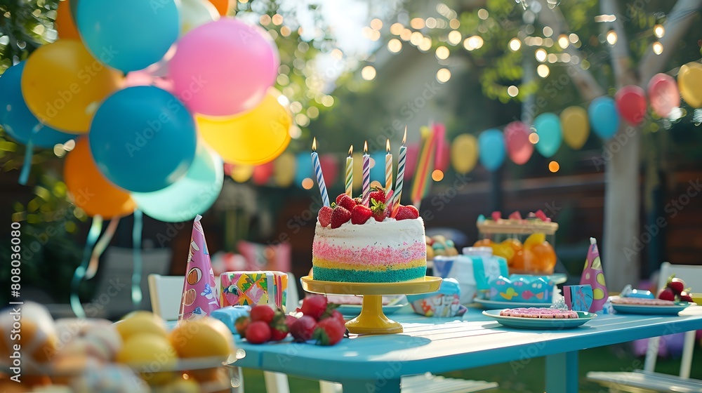 Colorful Birthday Party Table with Cake and Balloons Outdoors Stock ...