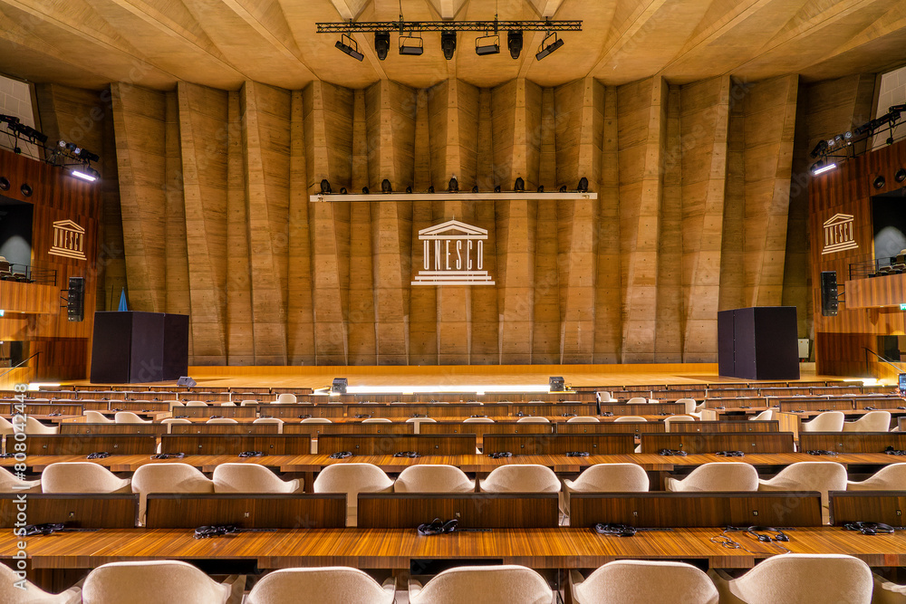 Inside of the grand auditorium of UNESCO headquarters building in Paris ...