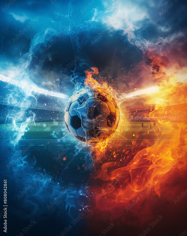 Football planet concept, white soccer ball amidst explosion of fiery ...