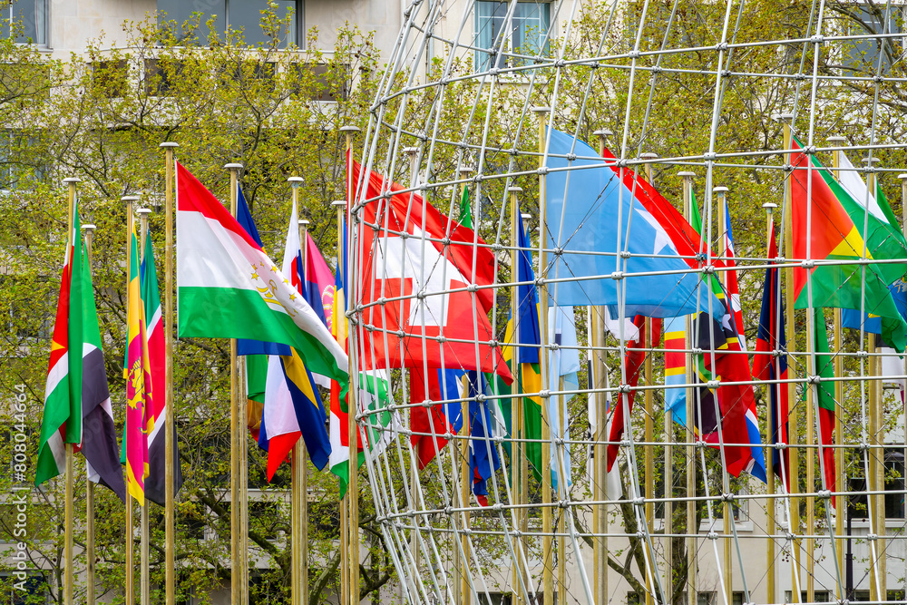 The Symbolic Globe and the flags of all nations, modern monument in the ...