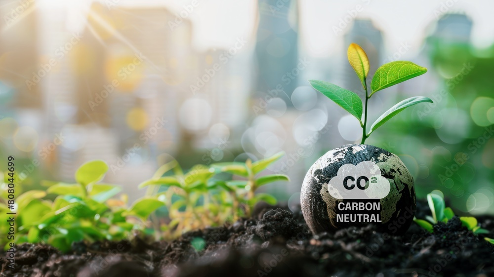 green globe with CO2 icon with city in background, carbon neutral ...