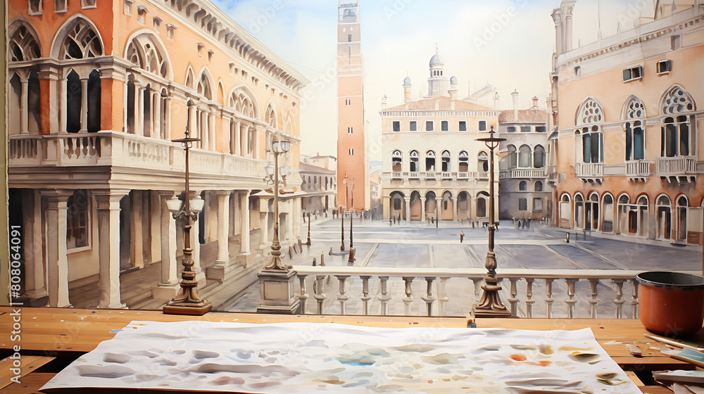 Create a watercolor background capturing the historic elegance of an ...