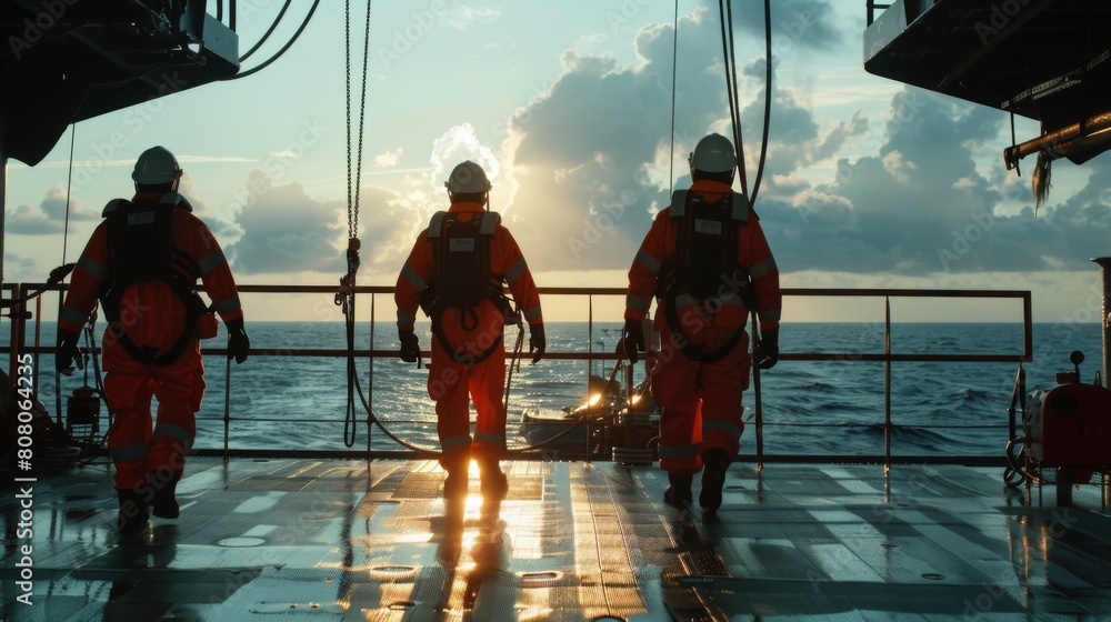 Crew members conducting safety drills on an offshore oil platform ...