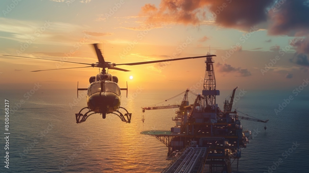 Helicopter transporting personnel to and from an offshore oil rig ...
