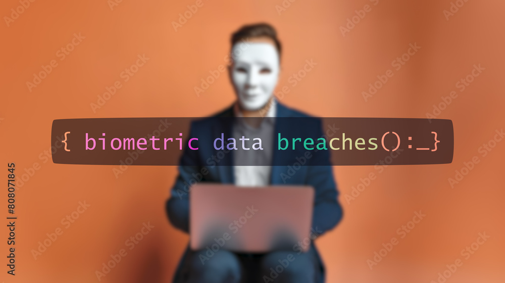 Cybersecurity Concept Biometric Data Breaches On Foreground Screen Hacker Silhouette Hidden