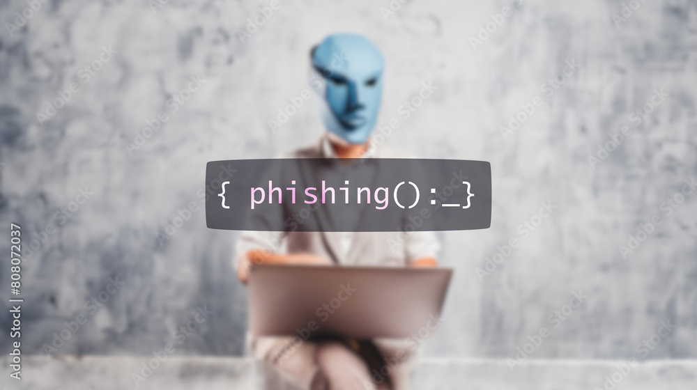 Cybersecurity concept phishing on foreground screen, hacker silhouette hidden with low poly ...