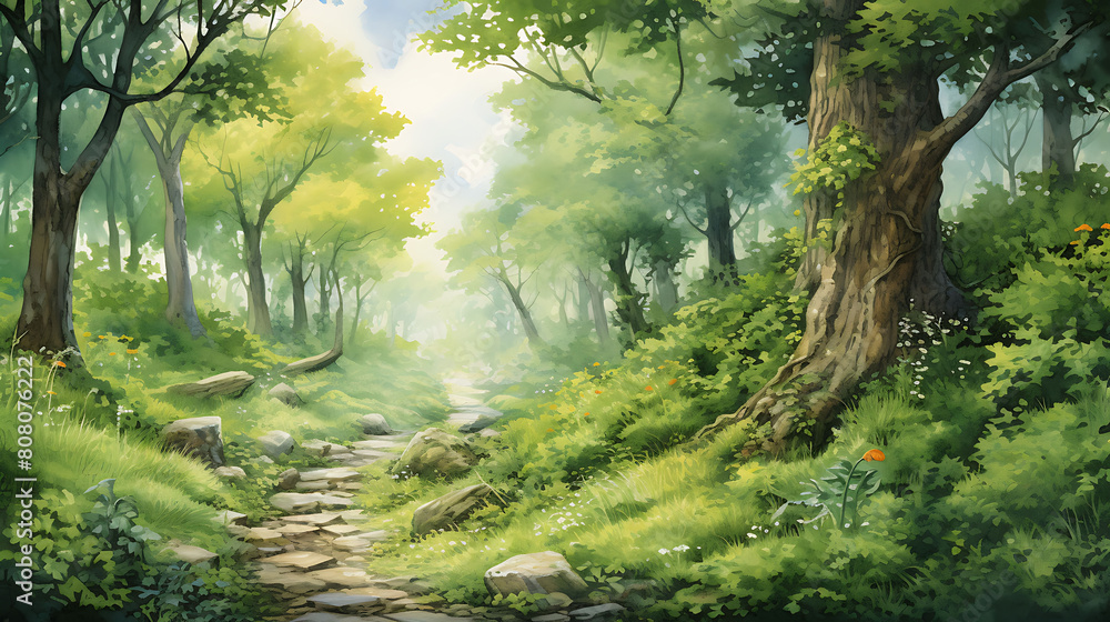 Design a watercolor background featuring a whimsical forest path lined ...