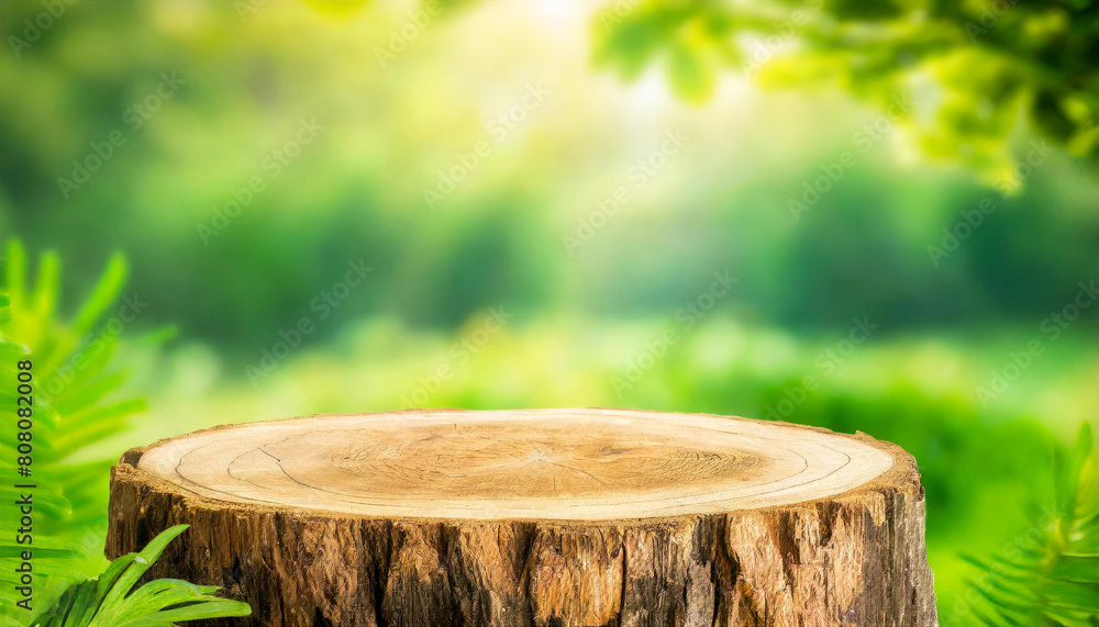 Beautiful texture of old tree stump table top on blur fruit garden farm ...