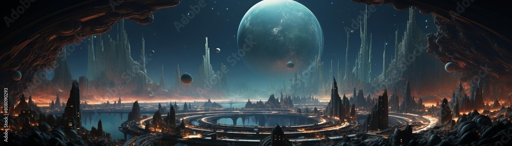 A surreal sci-fi illustration embodying the space of time as a complex ...