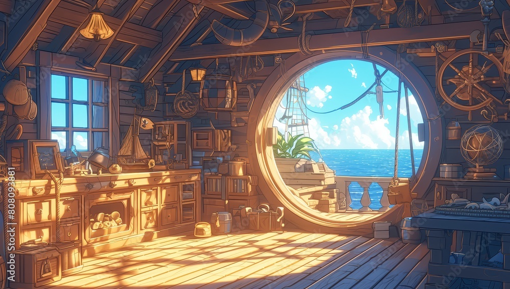 Pirate ship deck background. The scene includes the interior of an old ...