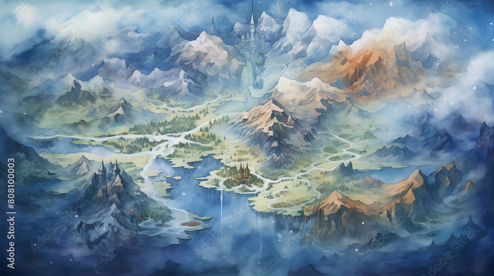 Generate a watercolor background featuring a detailed map of a ...