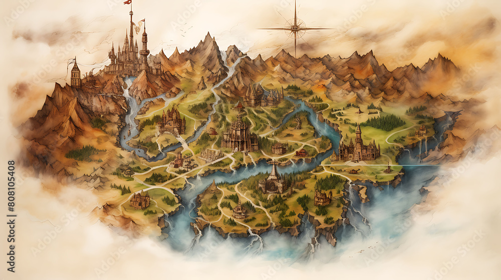 Generate a watercolor background featuring a detailed map of a ...