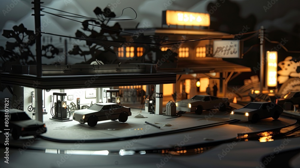 A papercut diorama of a gas station at night, with cars filling up and ...