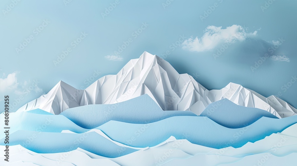 A papercut scene of a snow-capped mountain losing its snow, replaced by ...