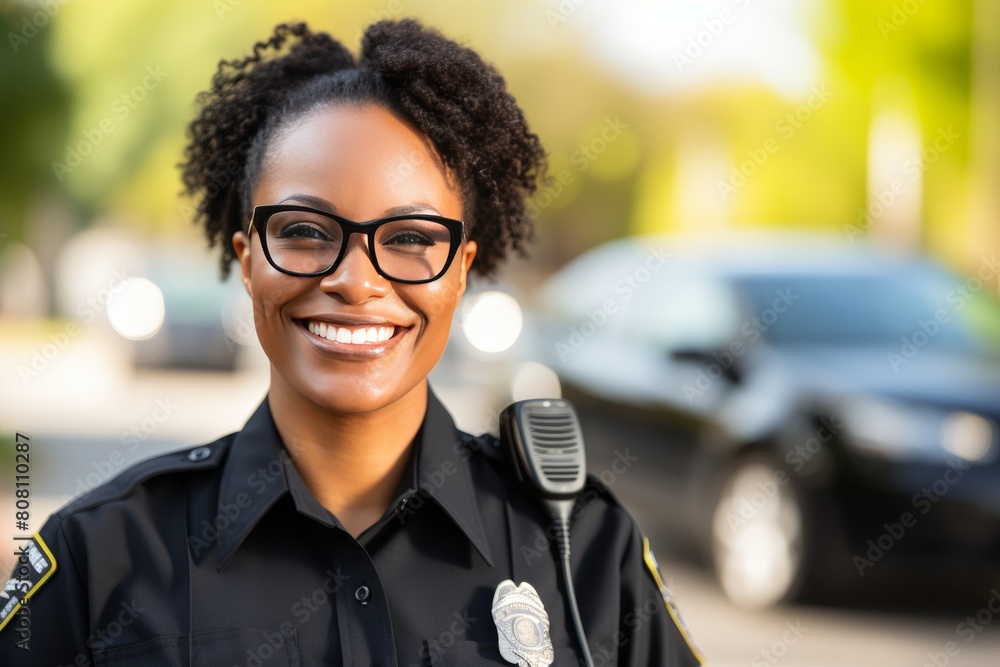 Portrait of african american female police officer smiling in uniform ...