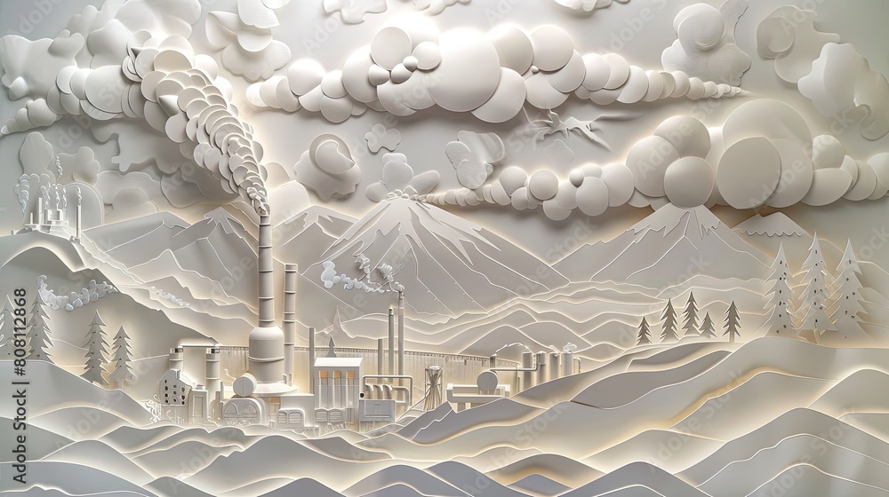An intricate papercut of a geothermal plant set in a mountainous ...