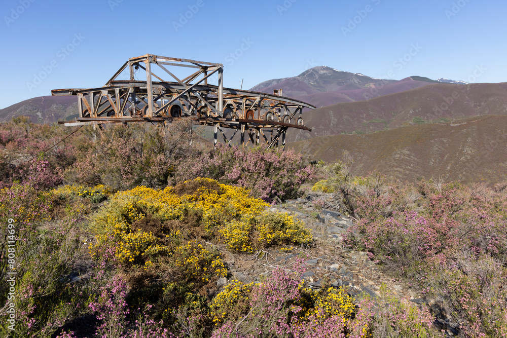Metal structure tower with concrete base from coal mine cable cart ...
