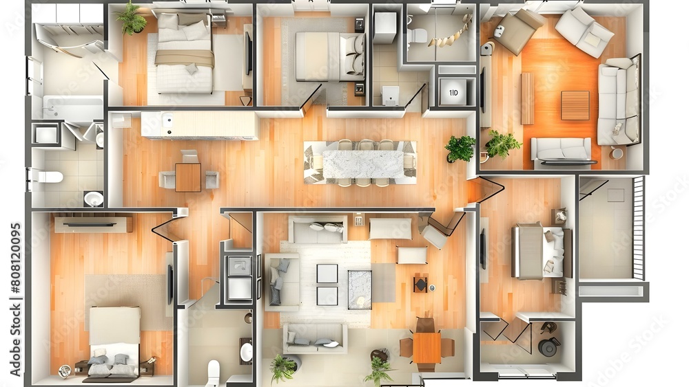 Top view 3D floor plan layout of an open living house. Concept Top view ...