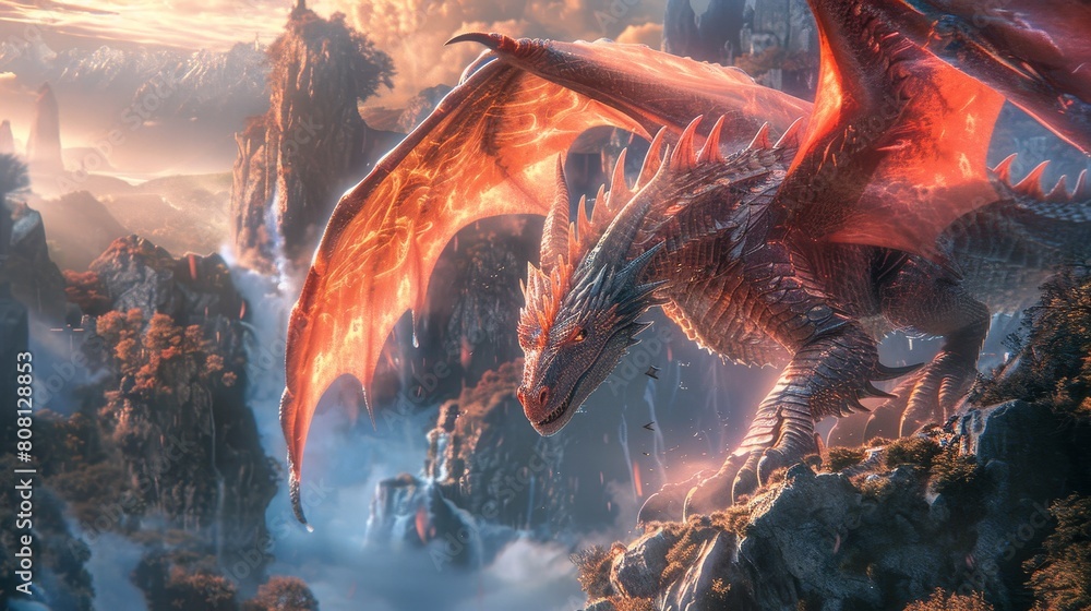 A red dragon is flying in the sky. The dragon is breathing fire. The ...