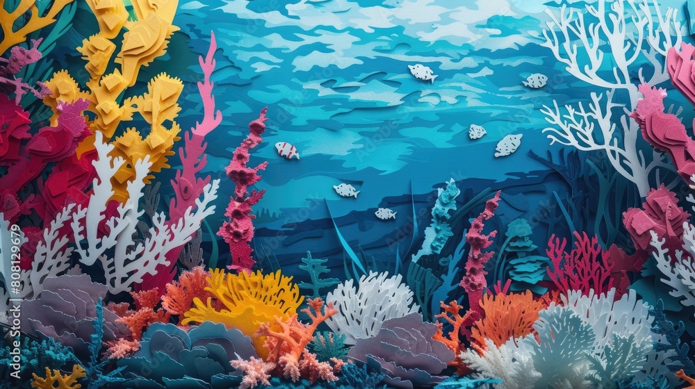Papercut art of coral reefs, with vibrant colored paper turning white ...