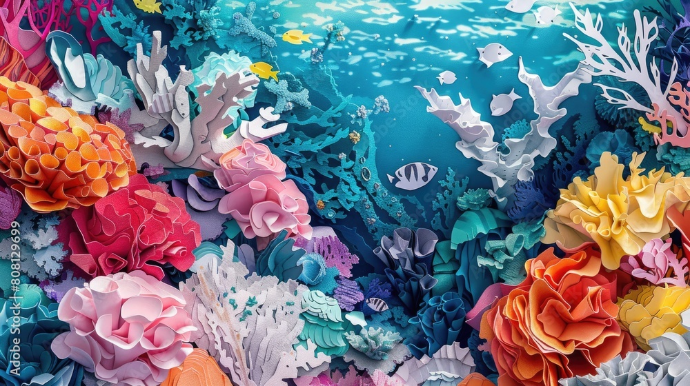 Papercut art of coral reefs, with vibrant colored paper turning white ...