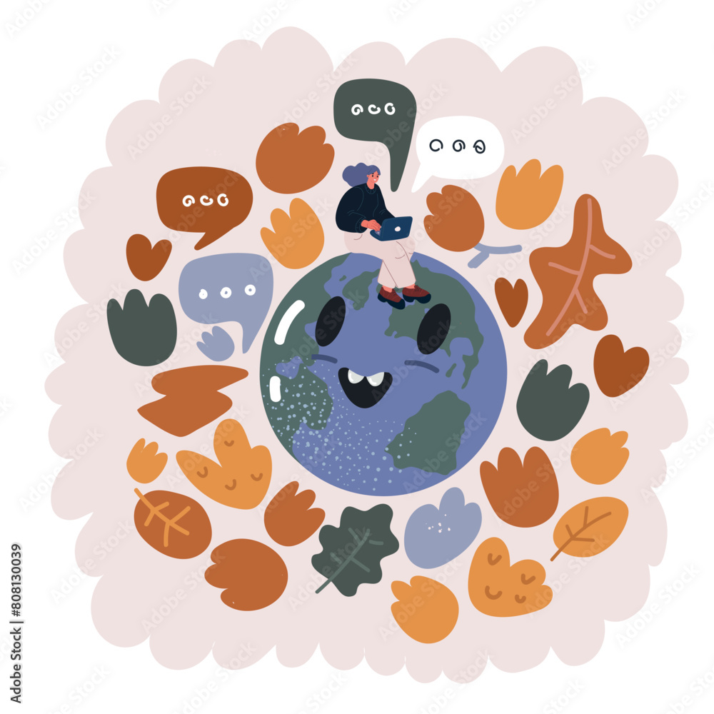 Cartoon vector illustration of Activist Woman sitting on the big globe ...