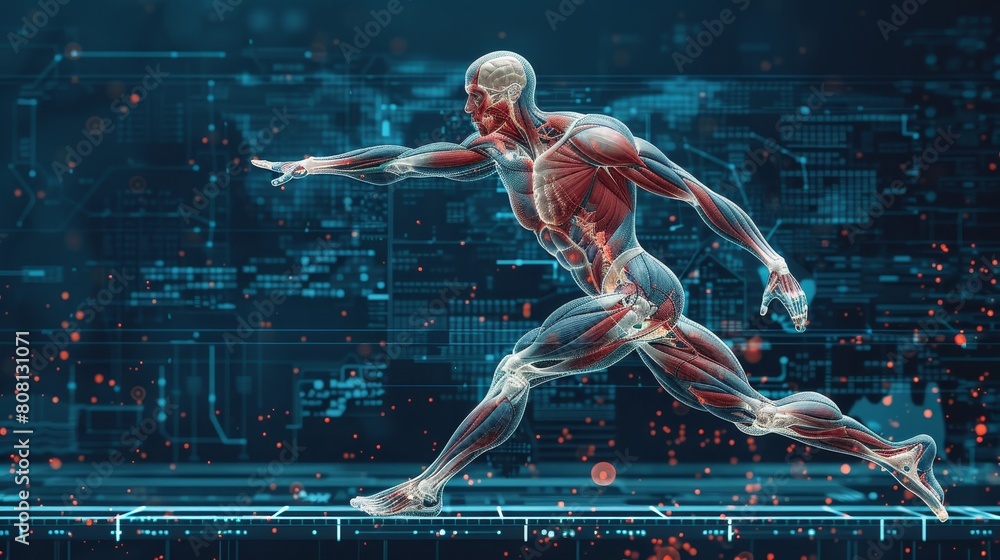 A 3D muscle anatomy model of the human body in a dynamic running pose ...