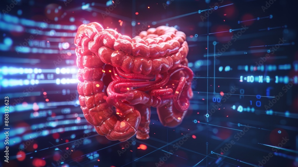 A 3D rendered view inside the large intestine, showing its folds and ...