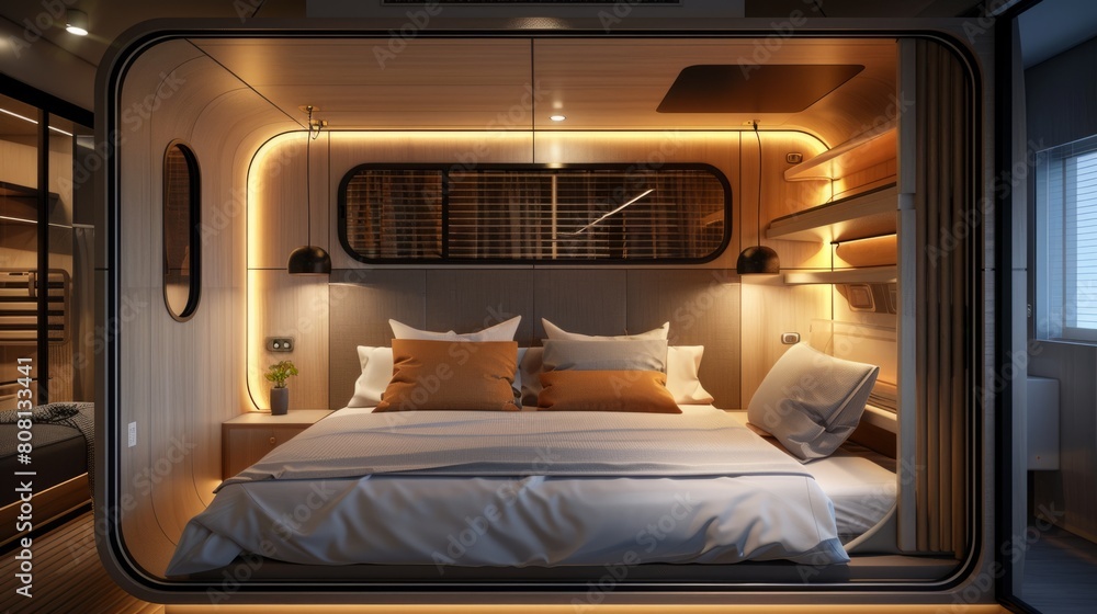 capsule hotel design, a sleek capsule hotel room design featuring a ...