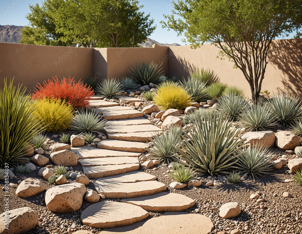 Garden in a desert backyard with xeriscaping style and paved stone ...