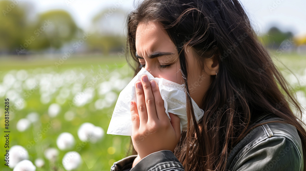 Fotografia do Stock: Young pretty woman sneezing in front of blooming ...