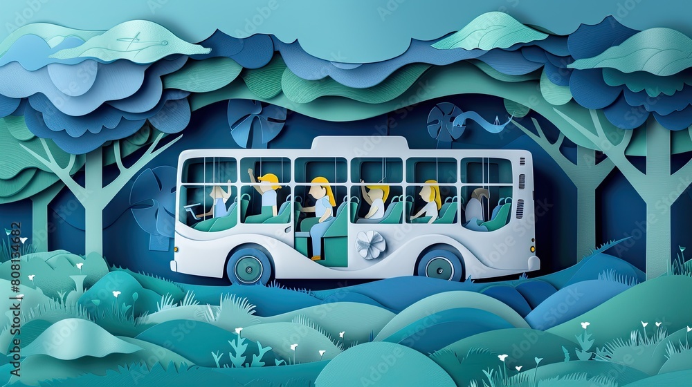 Papercut scene of a public transport bus running on clean energy, with ...