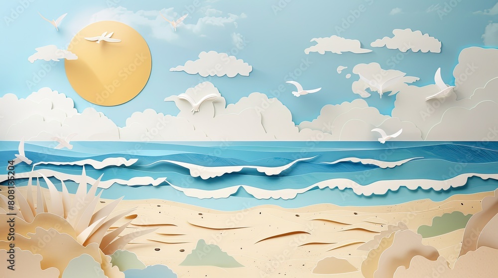 Papercut scene of a sunny beach where the sand is depicted as vanishing ...