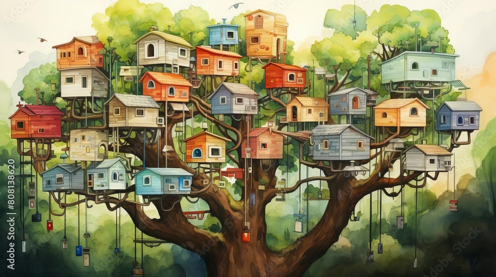 A cartoon where network nodes are treehouses in a vast forest, and data ...