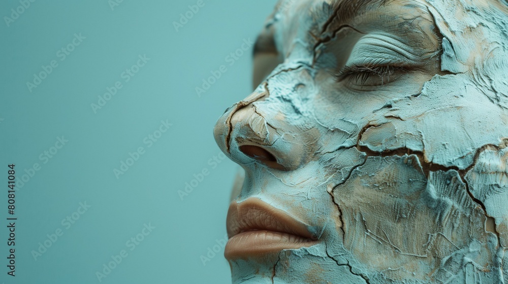 Concept, woman's struggle with accepting natural aging process, cracked ...