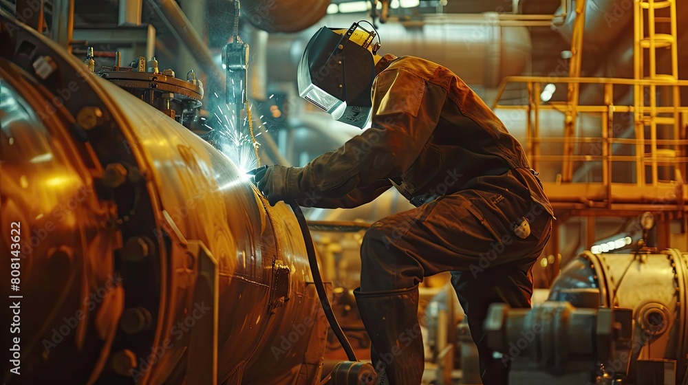 Welder at work in an industrial plant, using multi-process welding ...