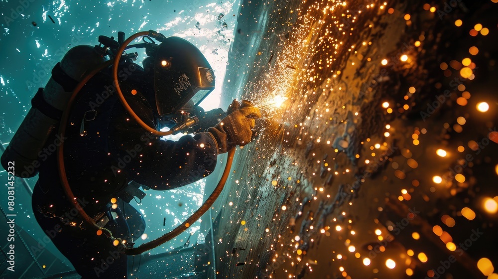 Diver using specialized underwater welding gear on an offshore oil rig ...