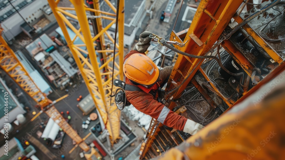 Structural welder working high above the ground on a crane-supported ...