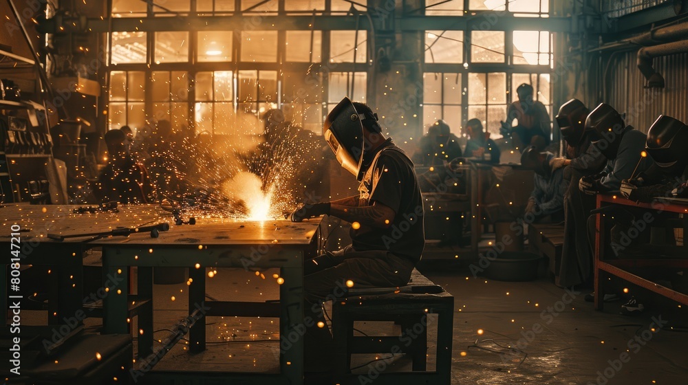 Welder teaching arc welding techniques to students in a vocational ...