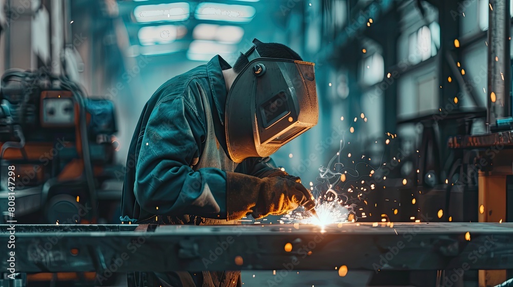 Young apprentice practicing welding in a workshop, focusing on sparks ...