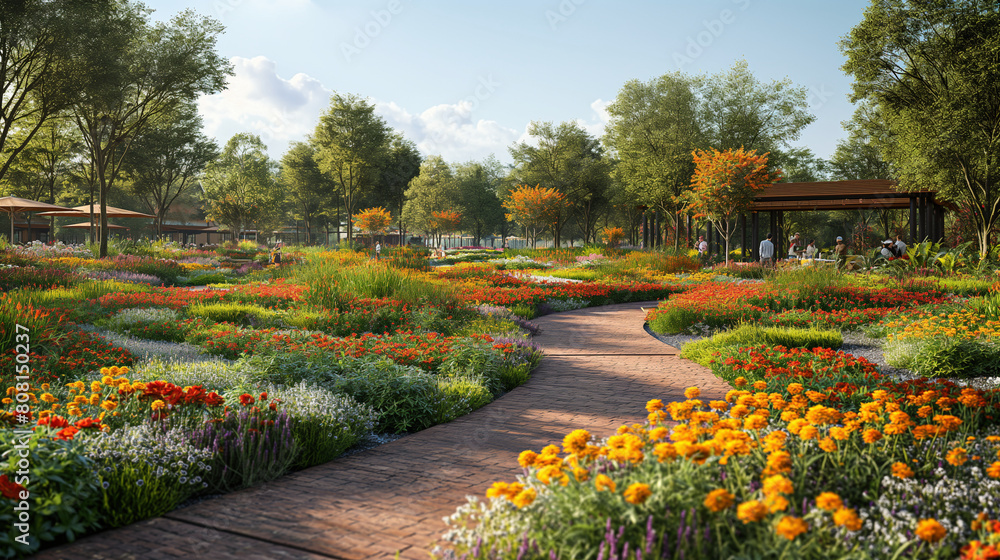 A visually elaborate image showcasing a flower fair in full swing, with ...