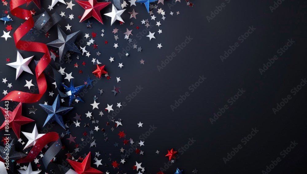 Dark background with red, white and blue ribbons and stars, 4th of July ...