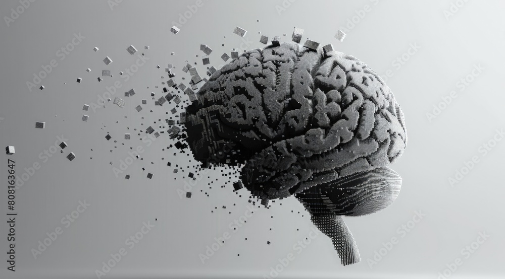 Human brain made of pixels disintegrating into small blocks, concept of ...